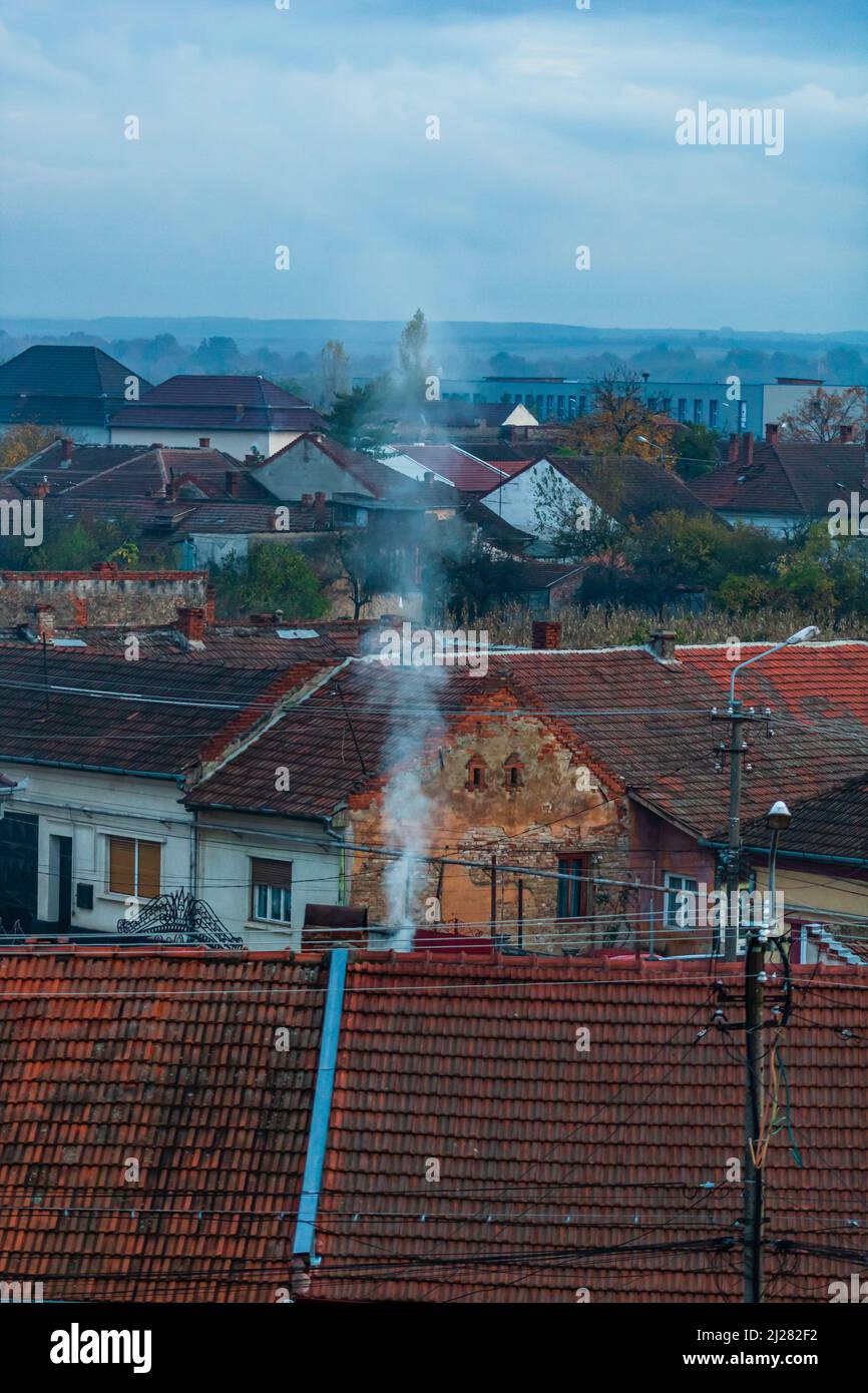 Overview of tile rooftops of old houses. Old buildings architecture ...