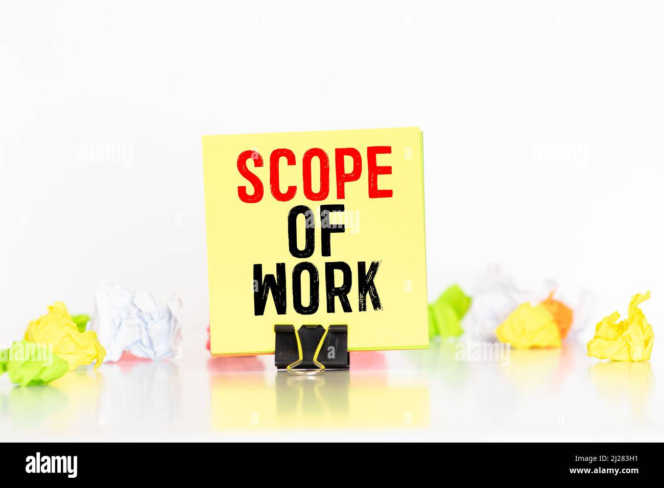 Scope of work. inscription on a white business card against the ...