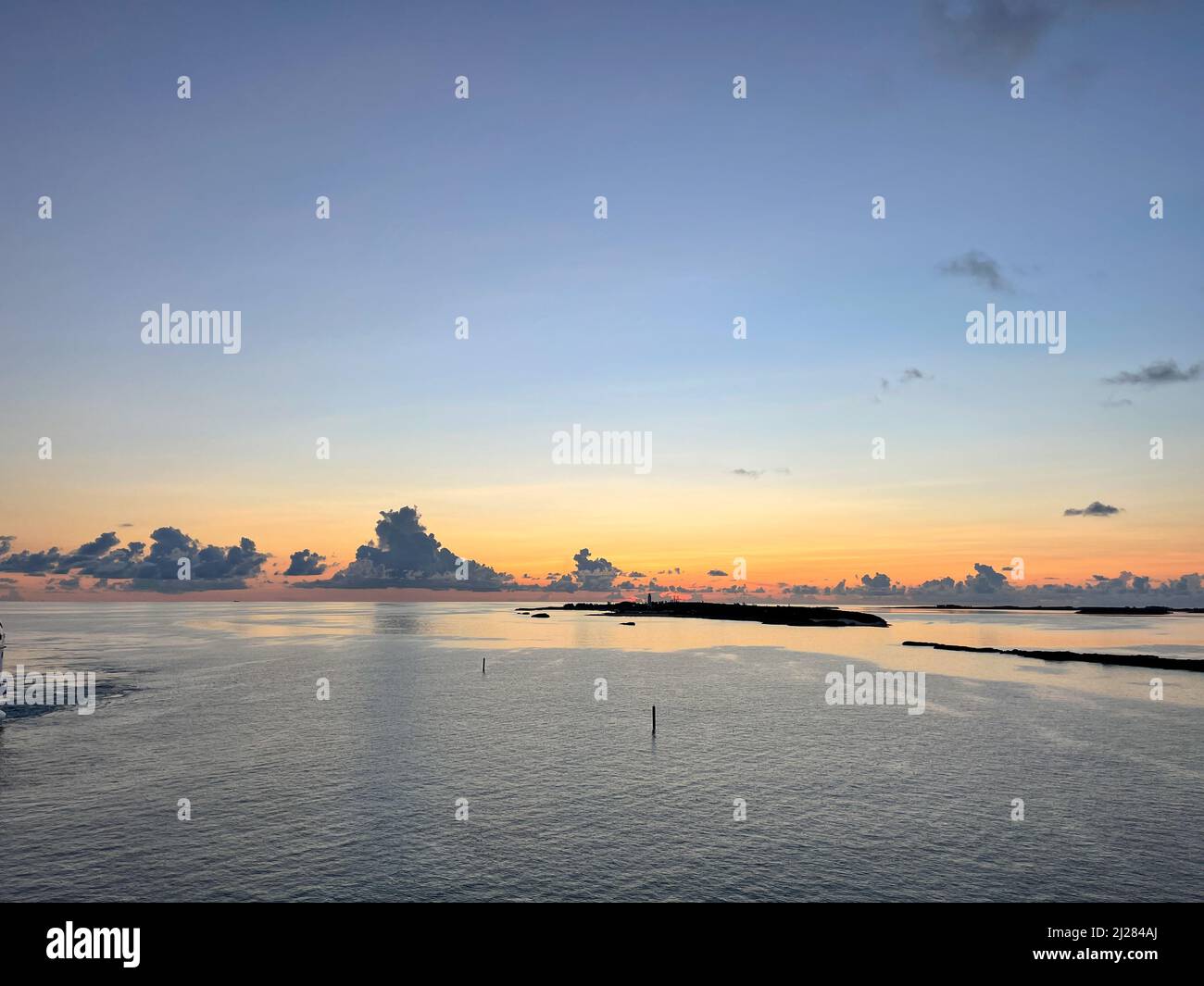 Bahamas - September 16, 2021: An aerial view sailing into Coco Cay ...