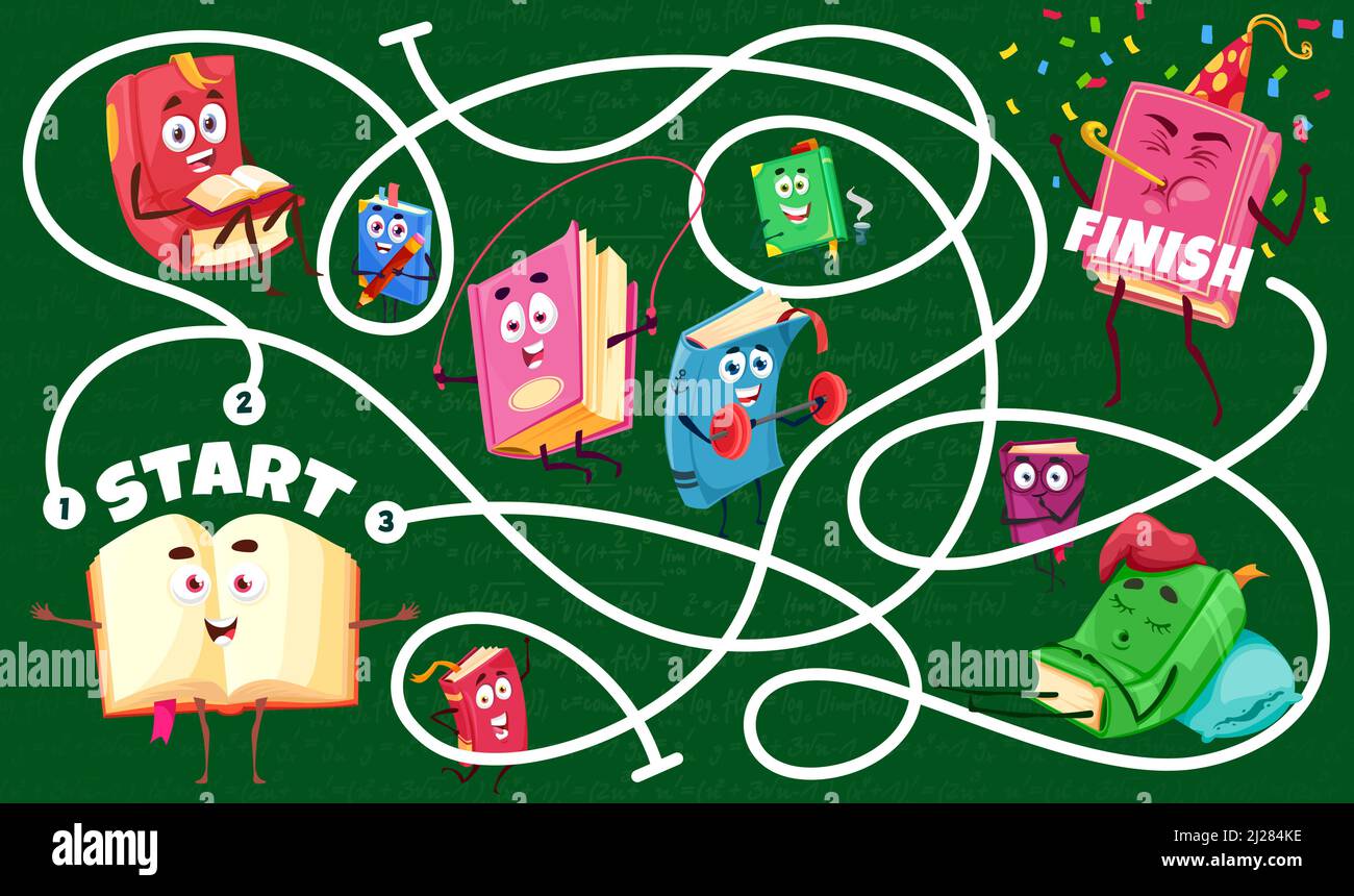 Labyrinth maze with bestseller books and textbooks cartoon characters ...