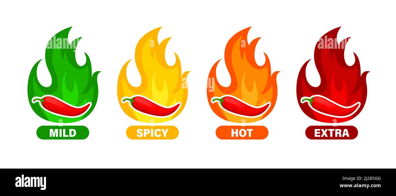 Hot spicy level labels. Pepper chili, cayenne or jalapeno vector labels ...