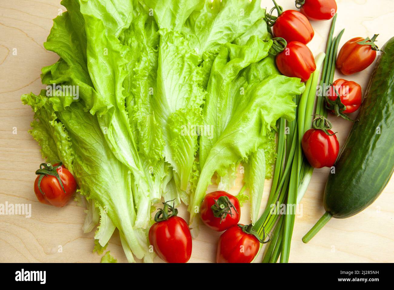 Salad leaves and tomatoes and green onion and cucumber, top view. Background from fresh ...