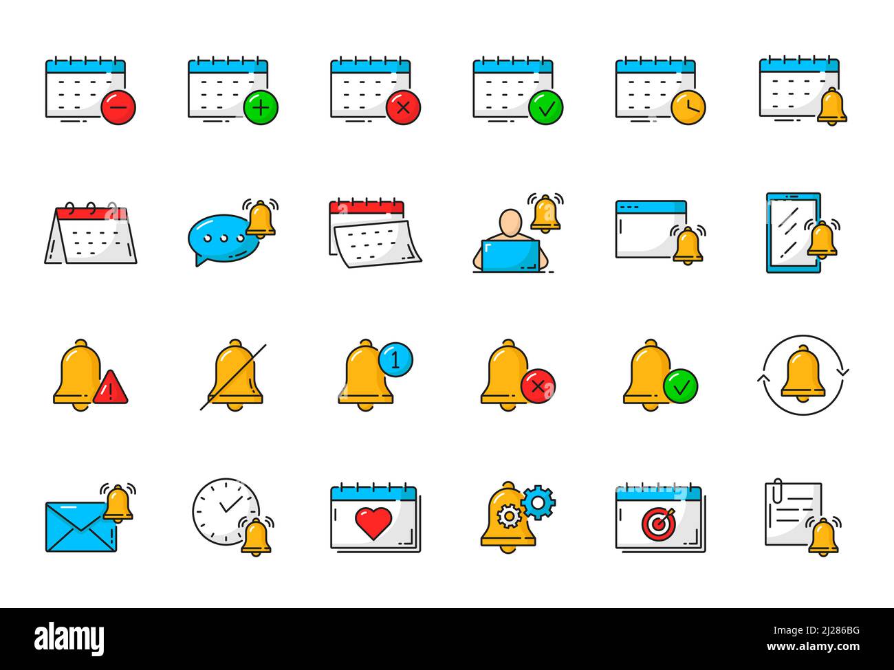 Color reminder, calendar, weekly planner and alarm, vector outline ...