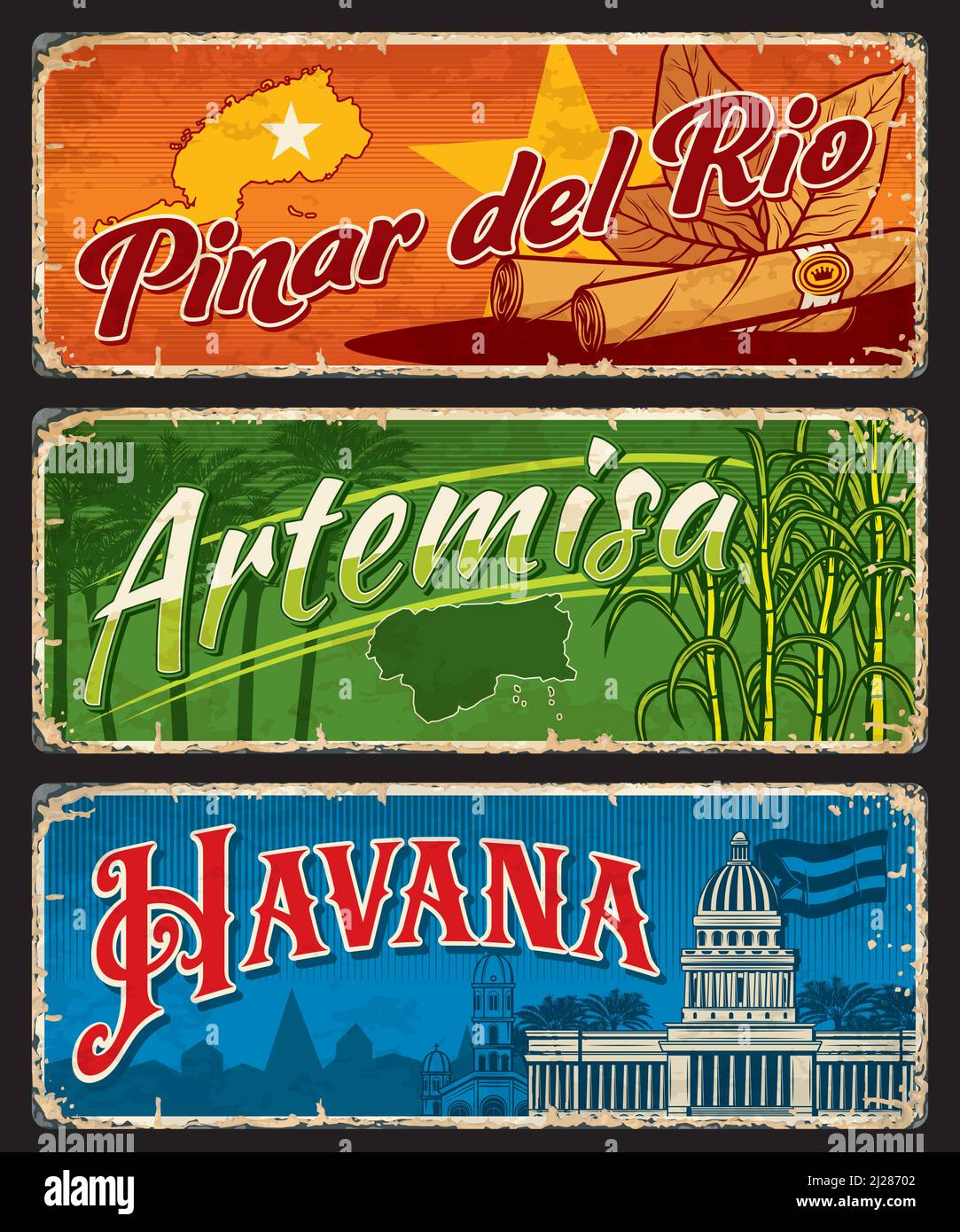 Pinar del Rio, Artemisa, Havana Cuban regions. Vector travel plates and ...