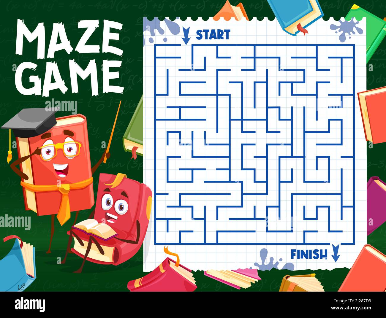 Labyrinth maze with bestseller books and textbooks cartoon characters ...