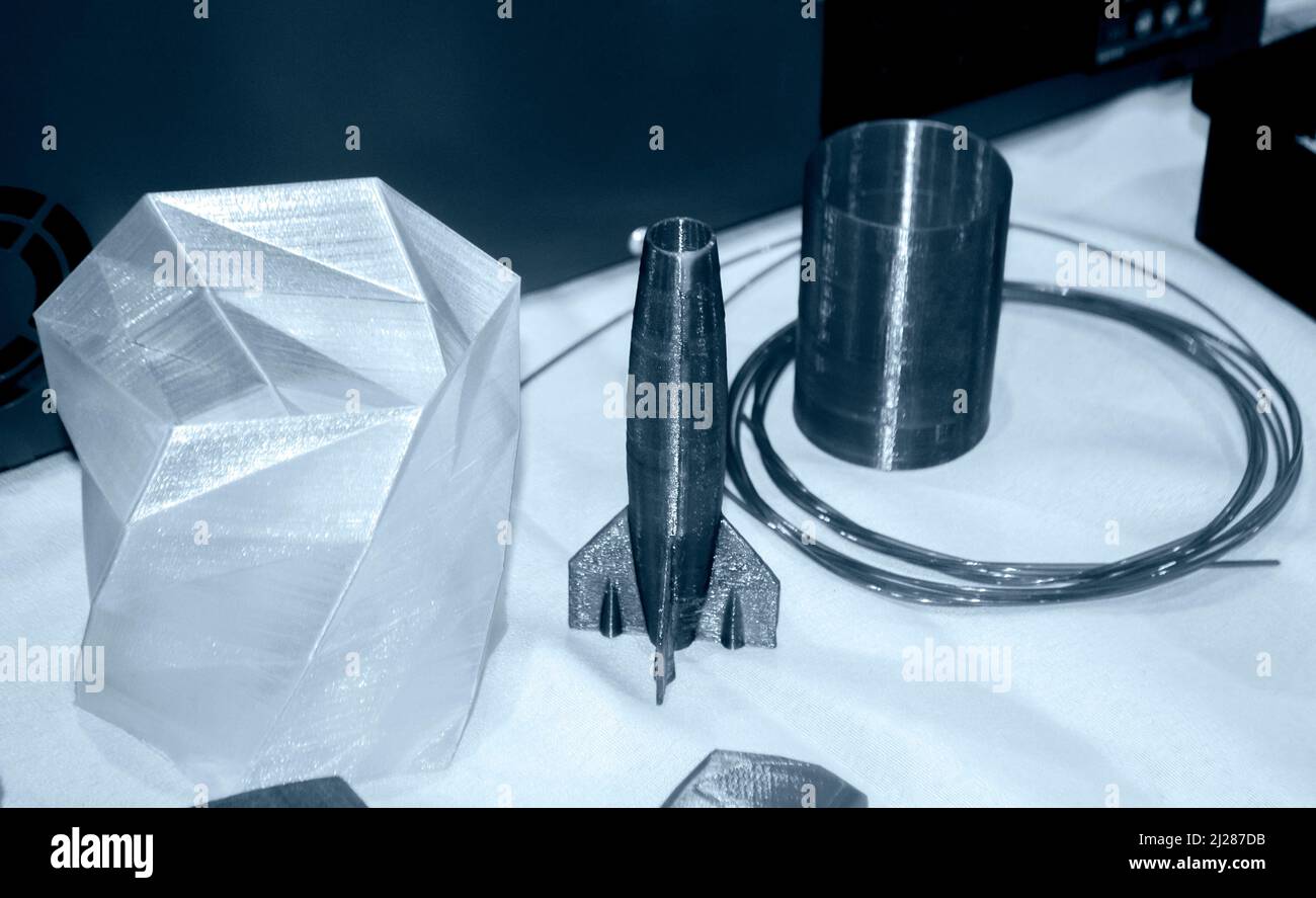 Objects printed on 3D printer from plastic close-up. New 3D printing ...