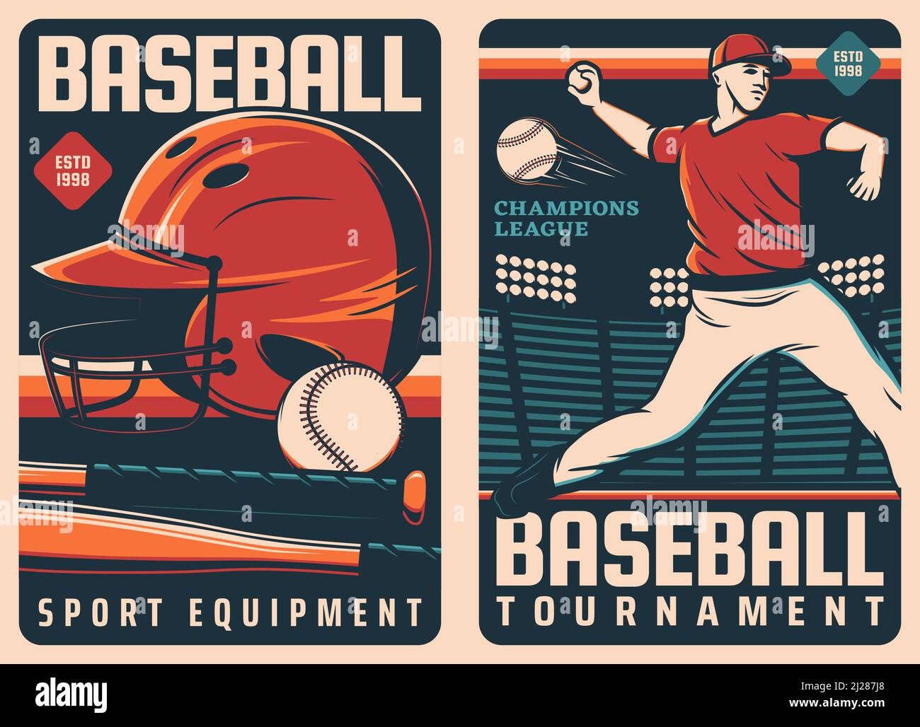 Baseball sport retro posters with vector balls and bats, pitcher player ...
