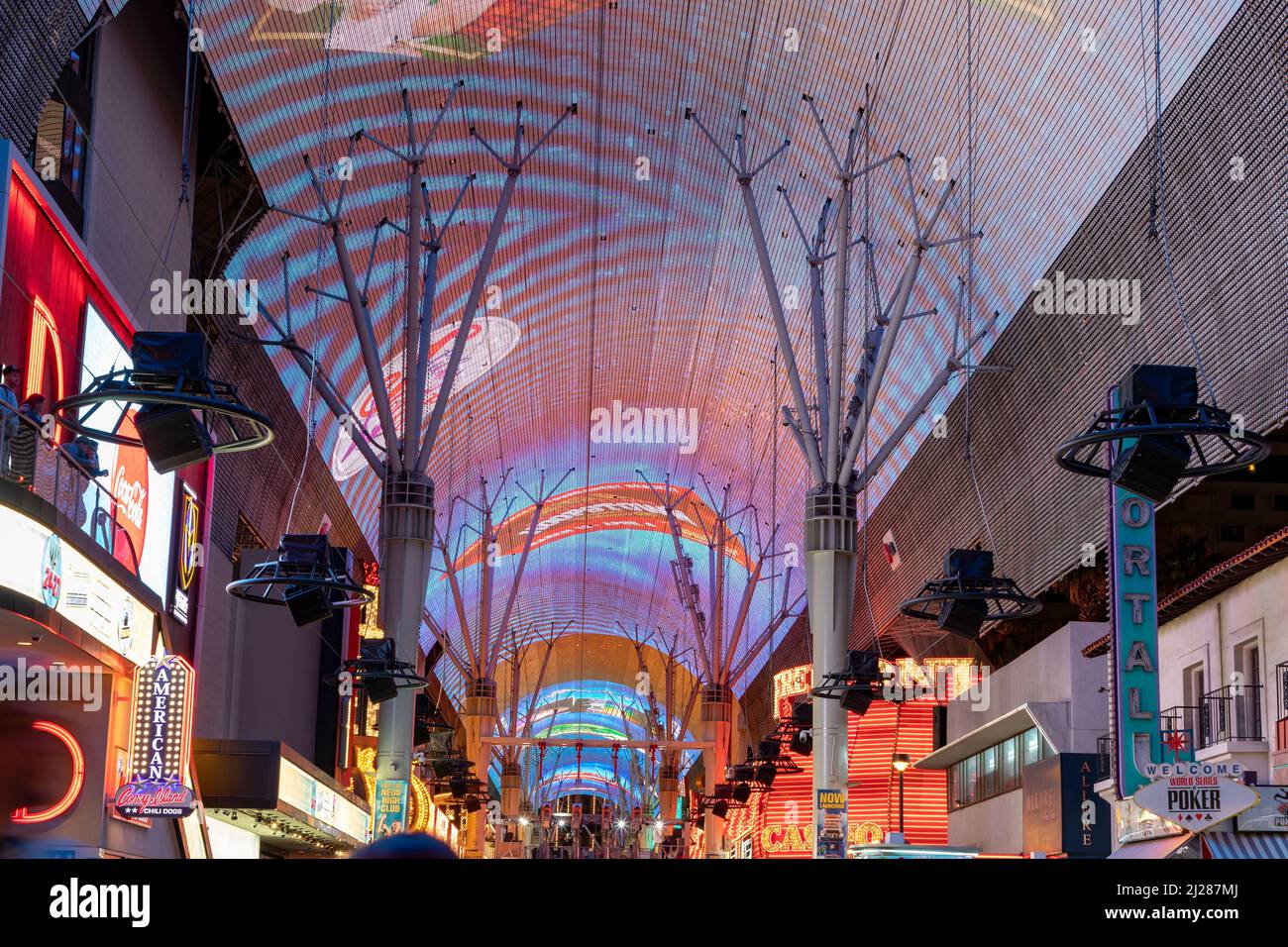Las Vegas, USA - March 9, 2019: Fremont Street with many neon lights ...