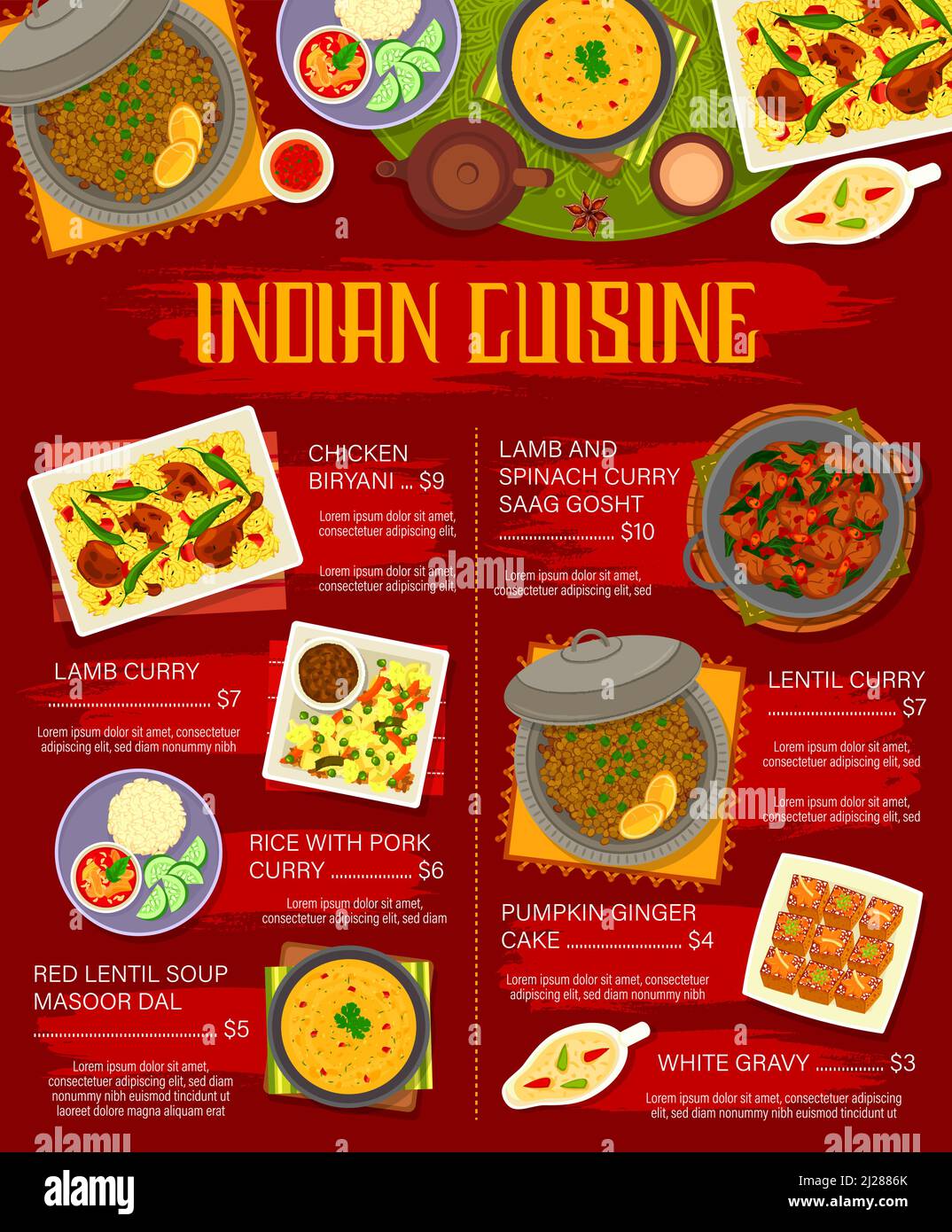 Indian cuisine meat and vegetarian dishes menu template. Chicken ...