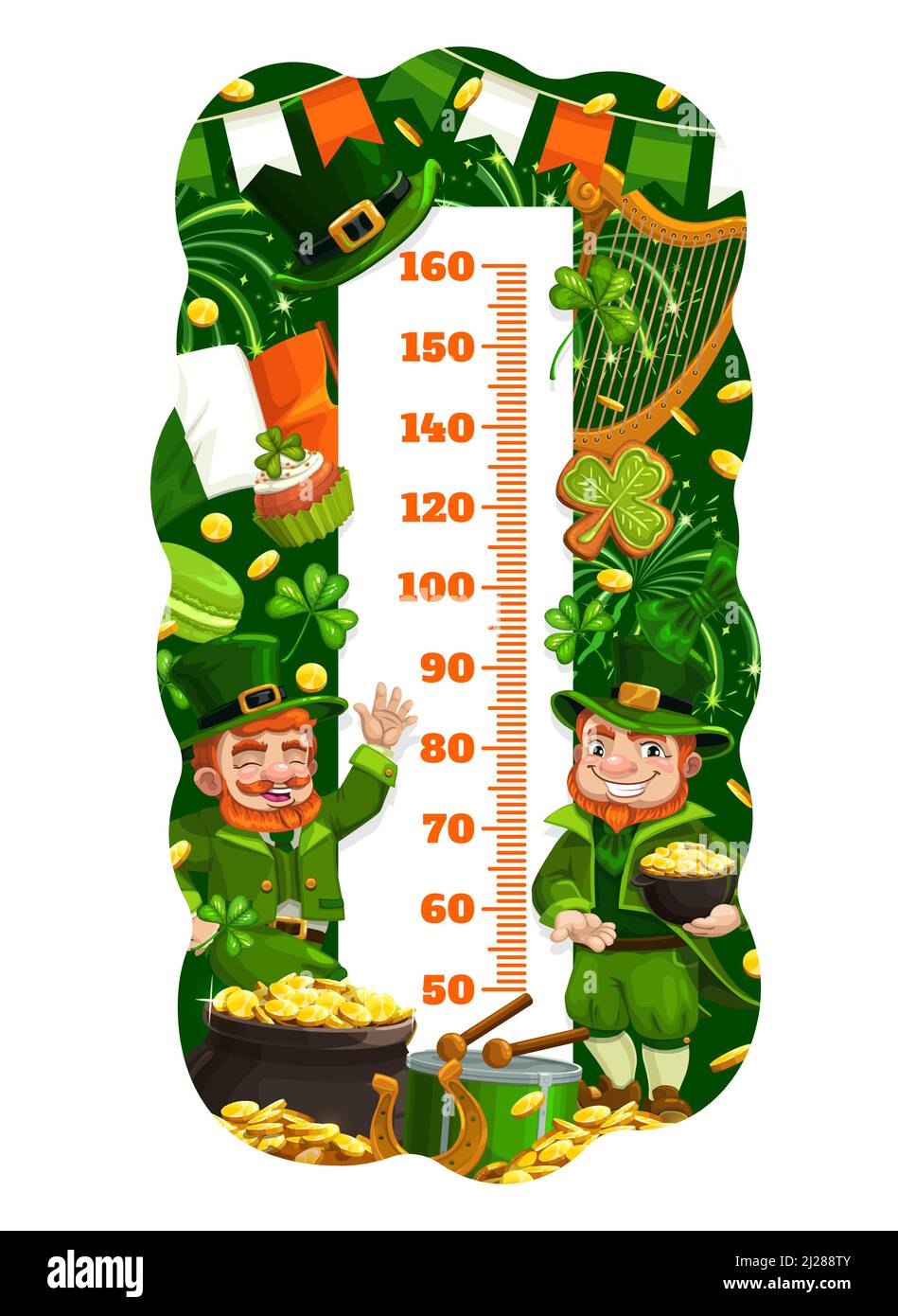 Kids height chart with cartoon leprechauns and gold, vector growth ...