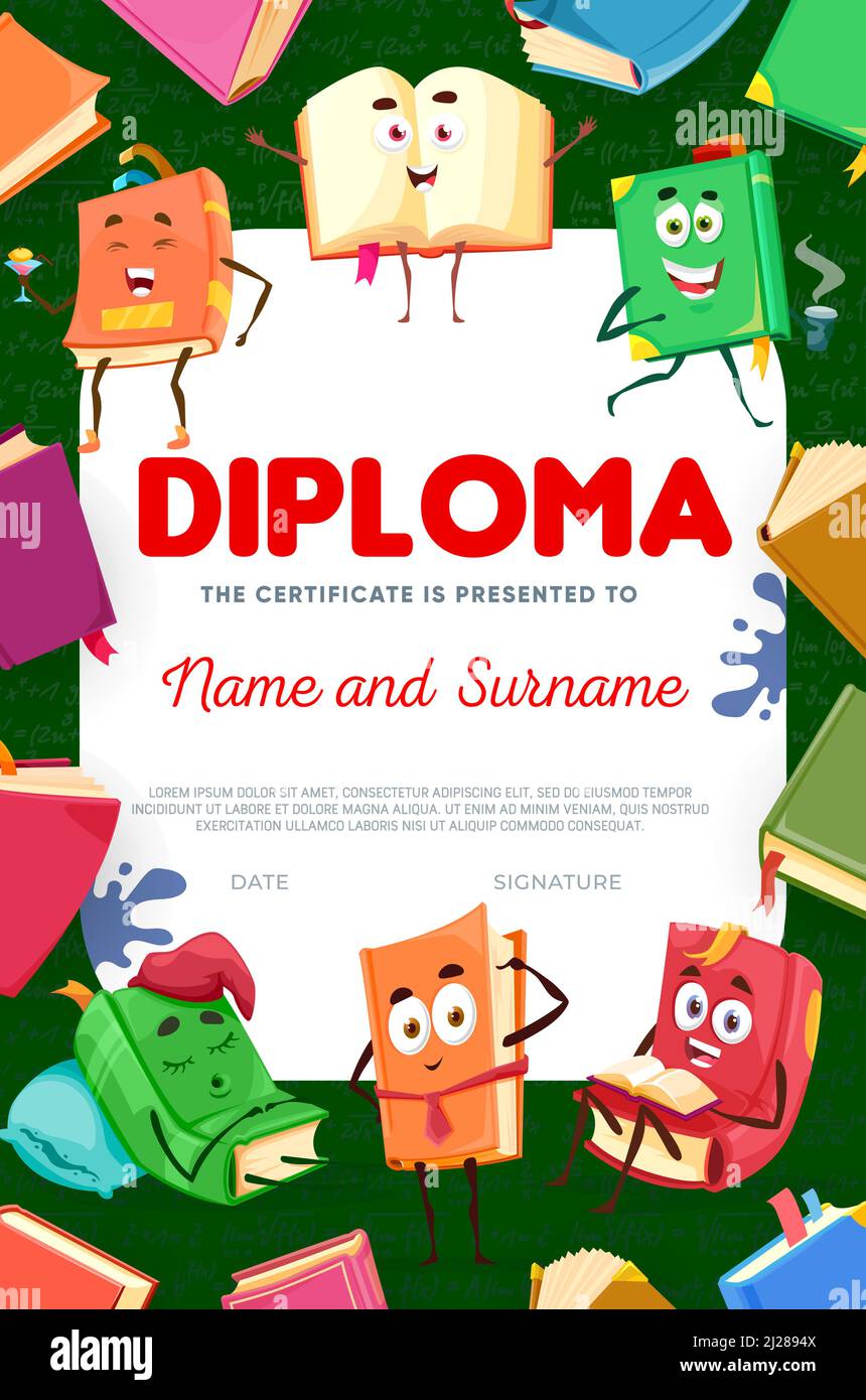 Kids diploma with bestseller books and textbooks cartoon characters ...