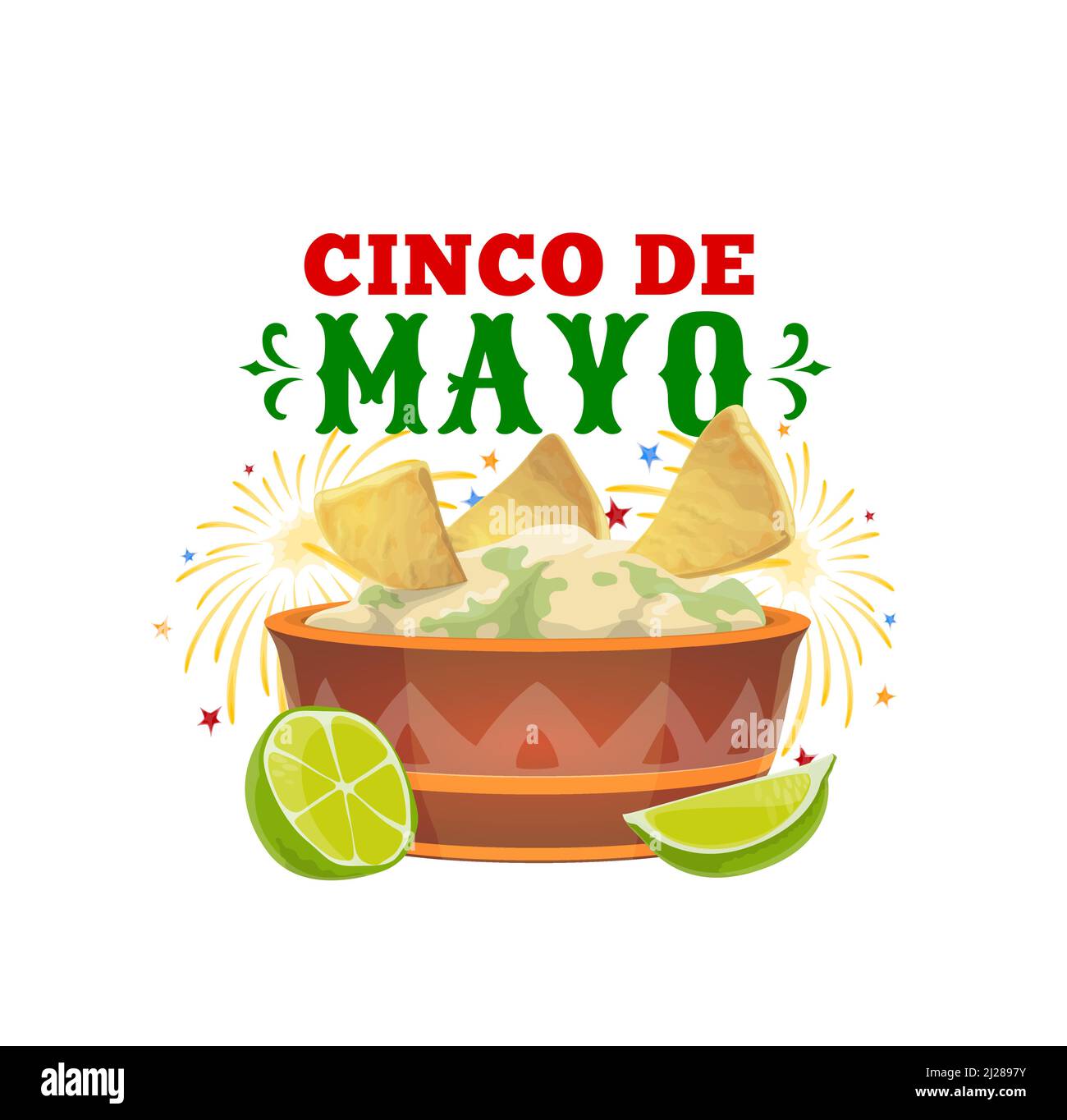 Cinco de Mayo holiday vector design, Mexican guacamole, nachos and lime ...