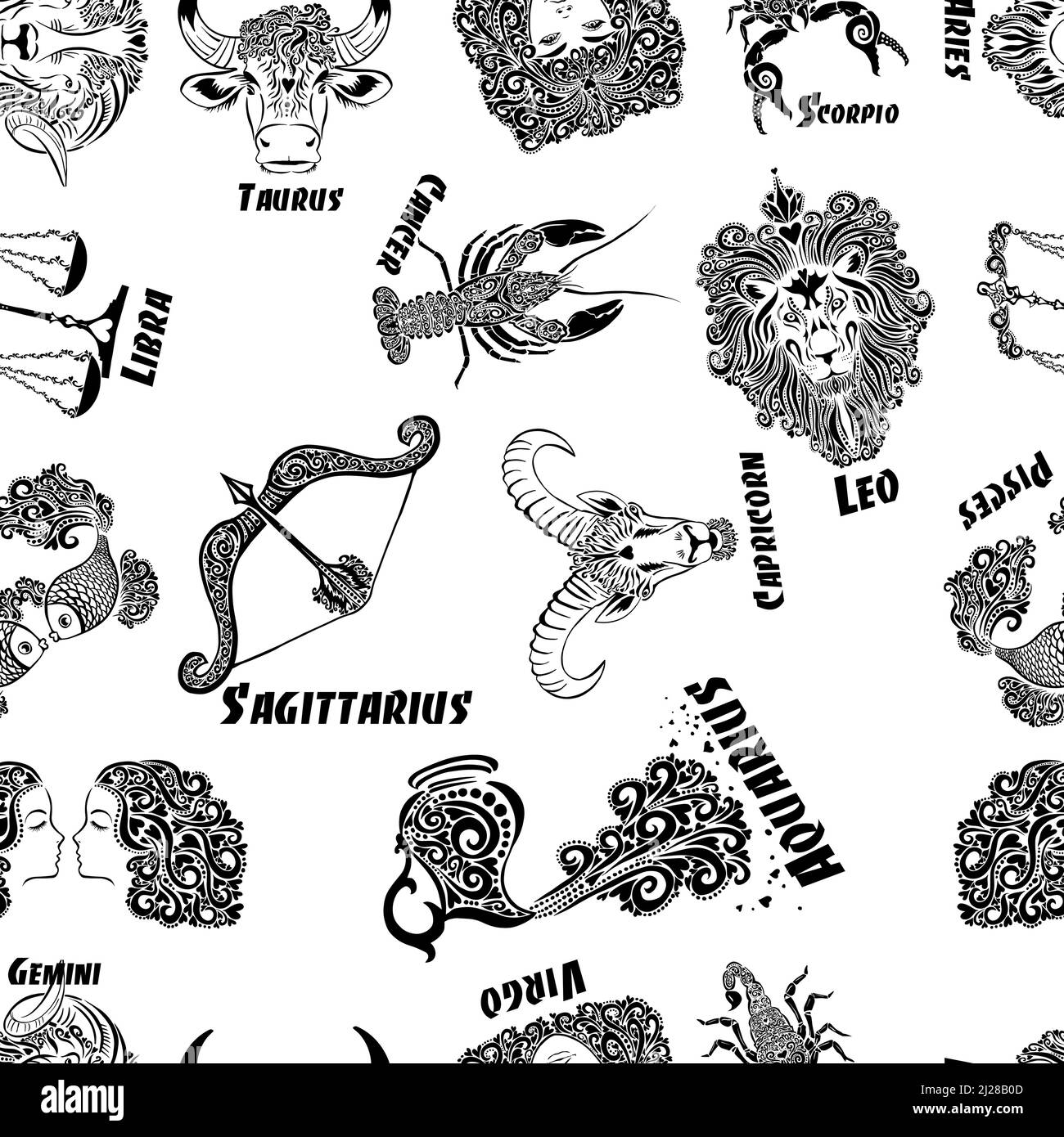 Zodiac signs monochrome background is seamless. Vector illustration ...