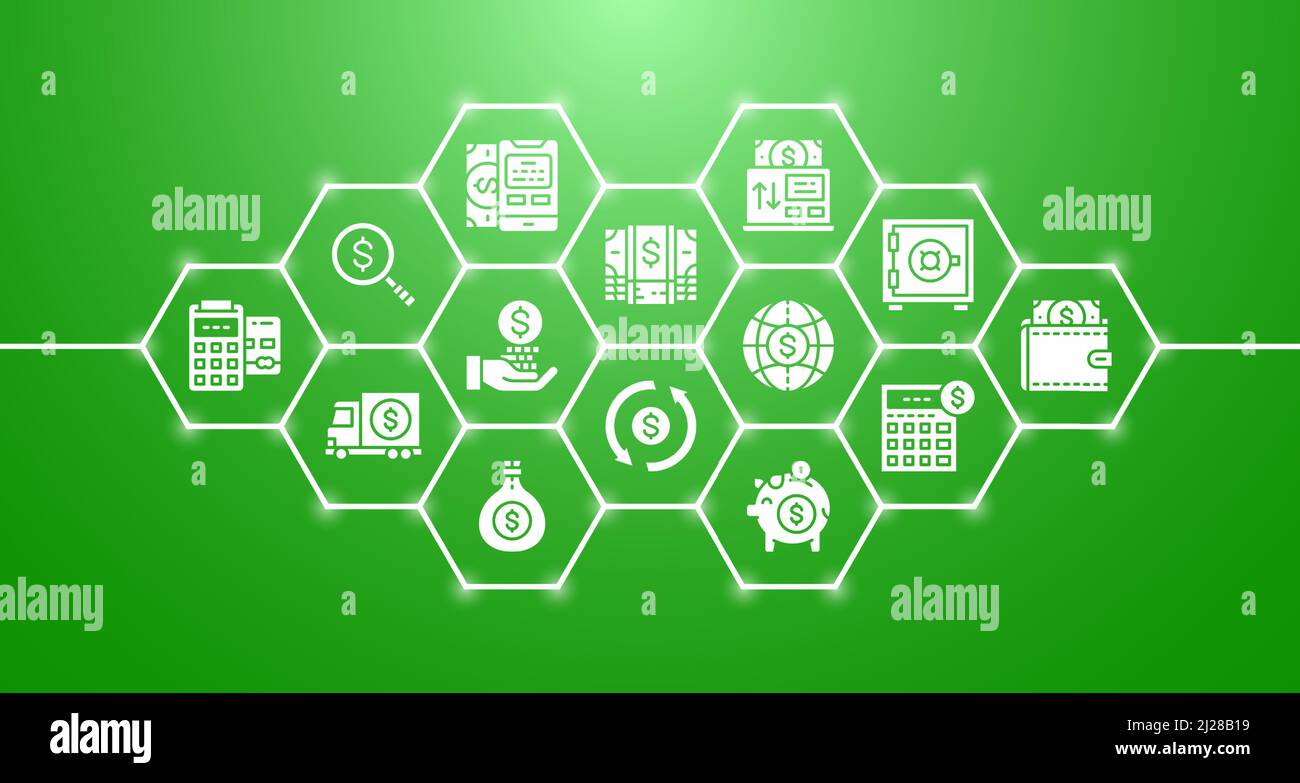 Money and Banking banner with outline icons. Credit Card, Currency ...