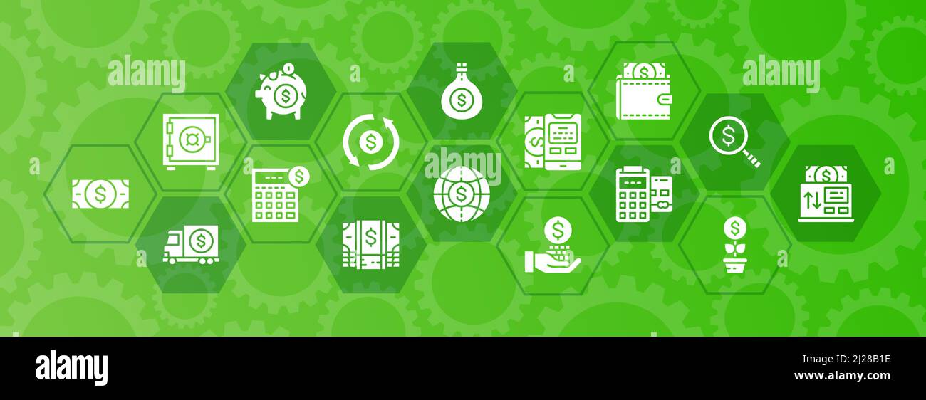 Money and Banking promotion icons banner. Credit Card, Currency ...