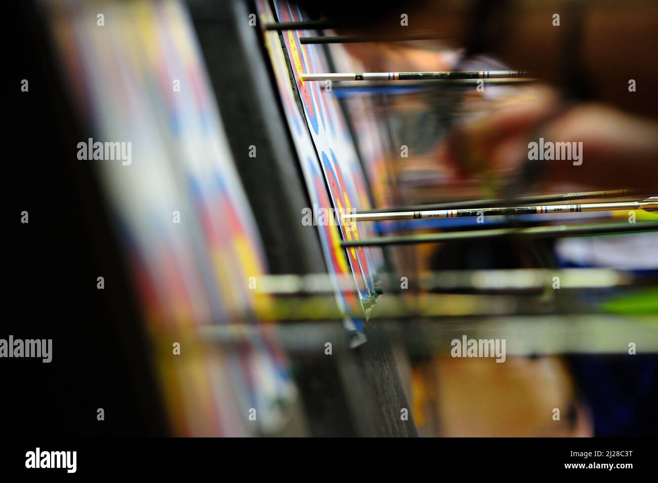 A selective shot of arrows embedded in targets in a competition Stock ...