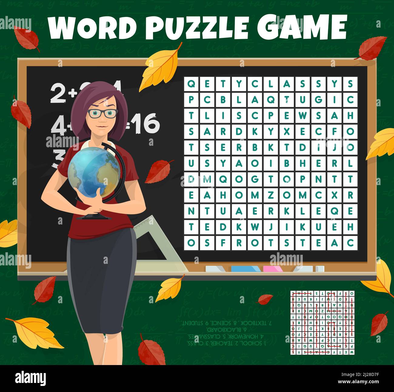 School teacher with globe on word search puzzle quiz game worksheet ...
