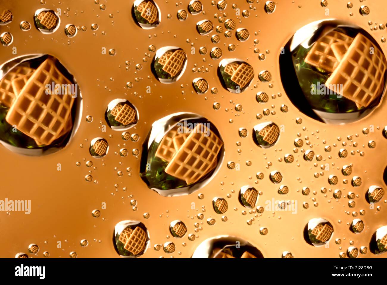 Creative macro food still-life of breakfast waffles reflected in water ...