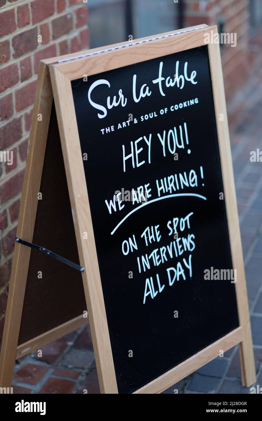 Hiring Sign Outside Sur La Table on King Street in Alexandria, VA, USA ...