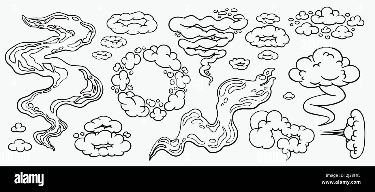 Comic clouds, cartoon vector clouds in line style isolated on light ...