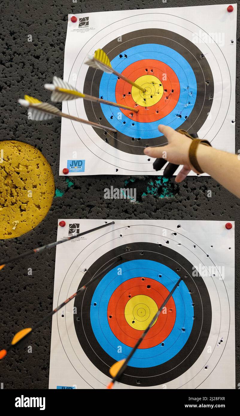 A vertical shot of some arrows on the target in the archery competition ...