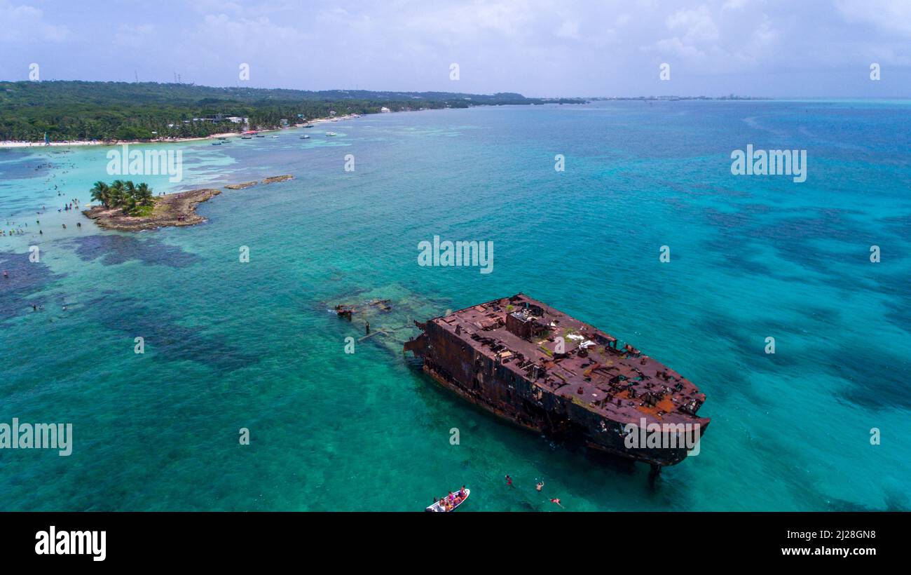 A high angle shot of an old abandoned ship at San Andres, Colombia ...