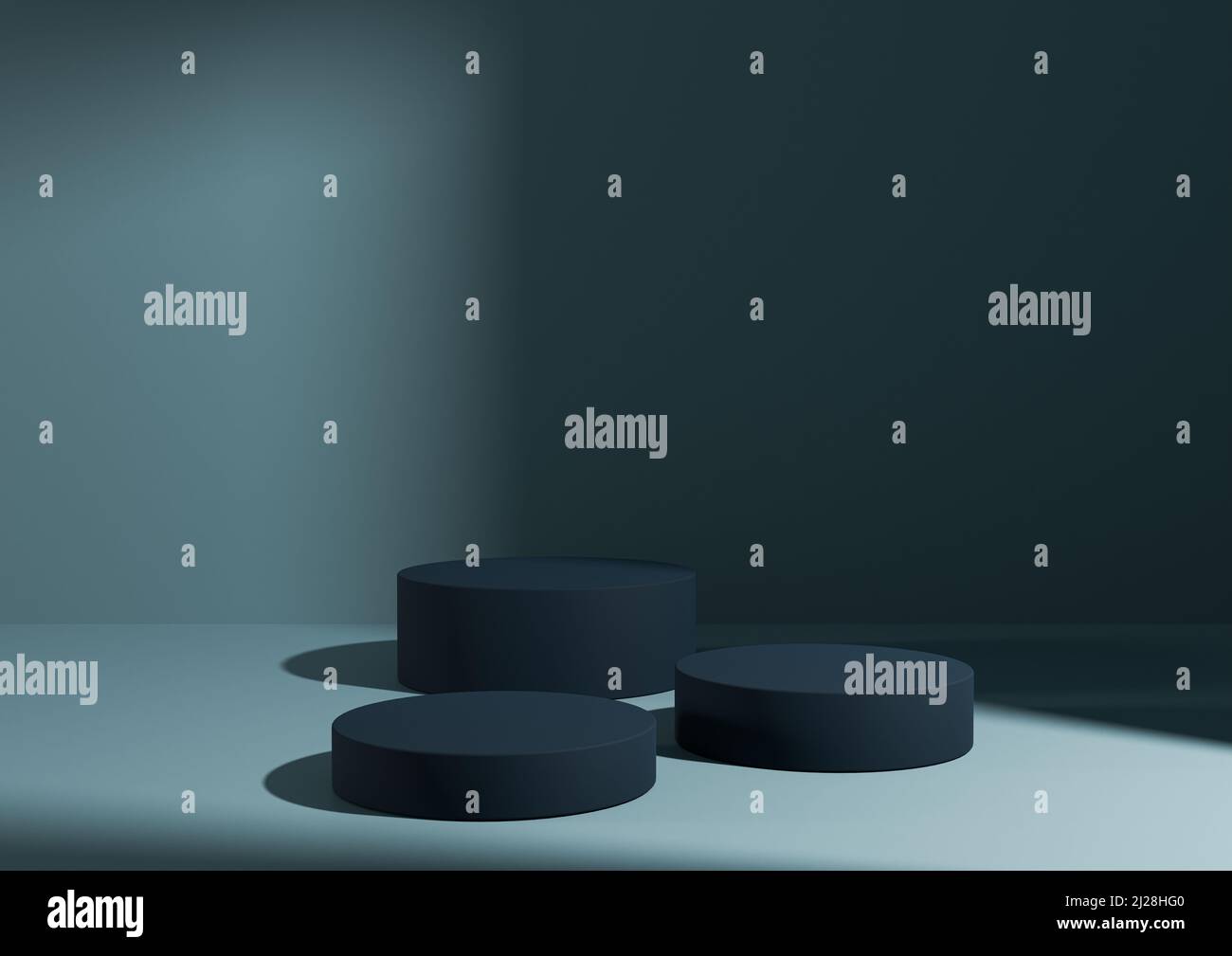 Three dark blue podiums or stands on aqua blue background for product ...