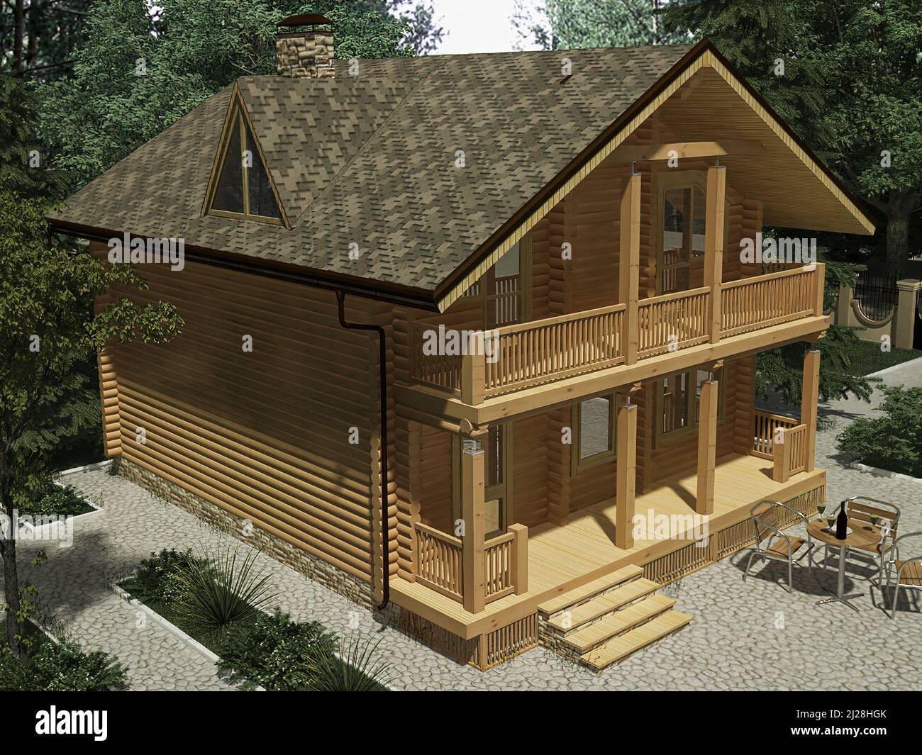 3d render of an architectural project of a wooden house from a log ...