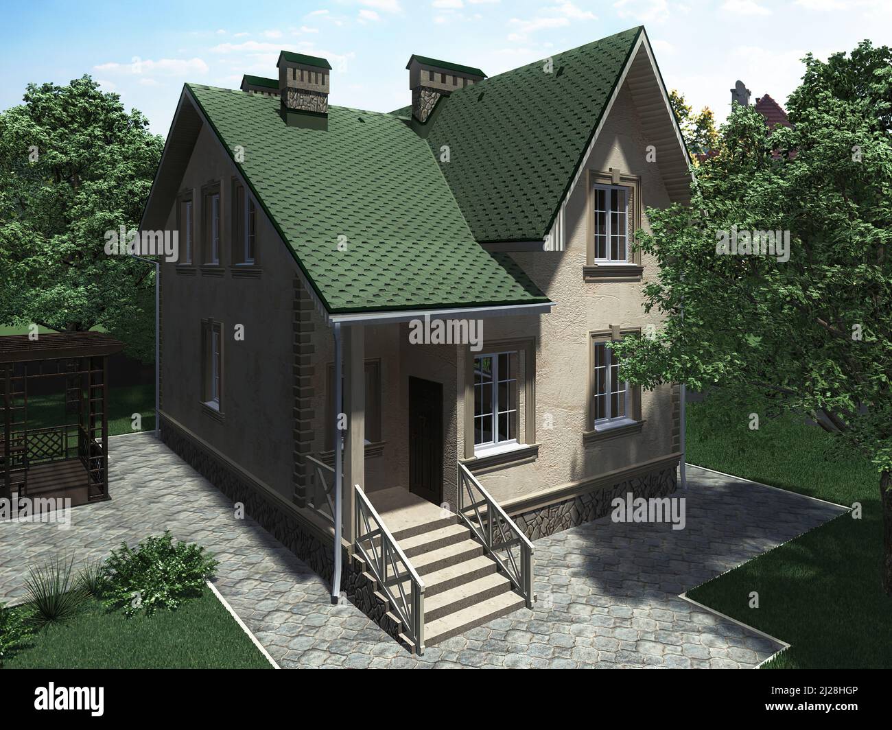 3d render of an architectural project of a country house in the forest ...