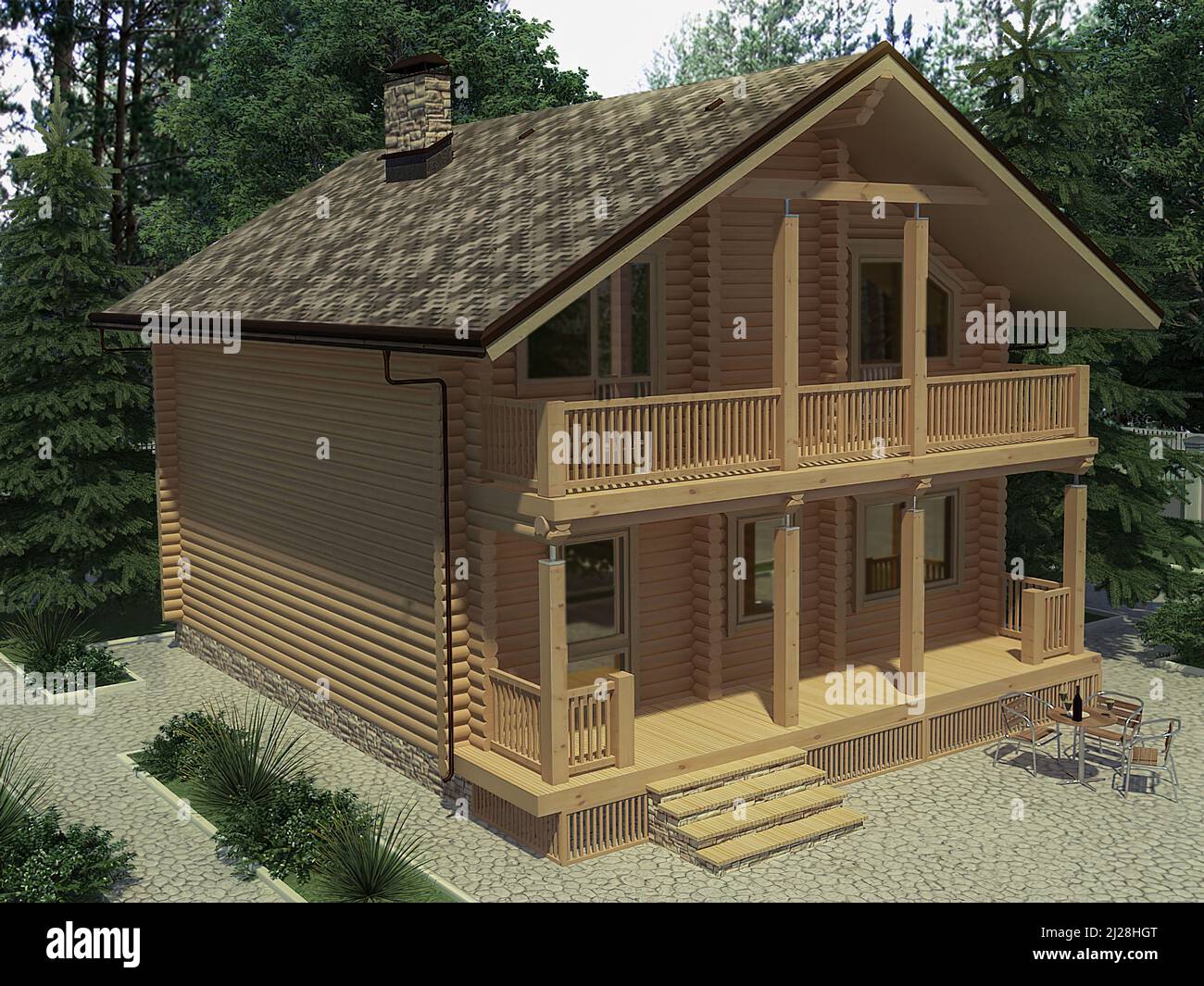 3d render of an architectural project of a wooden house from a log ...