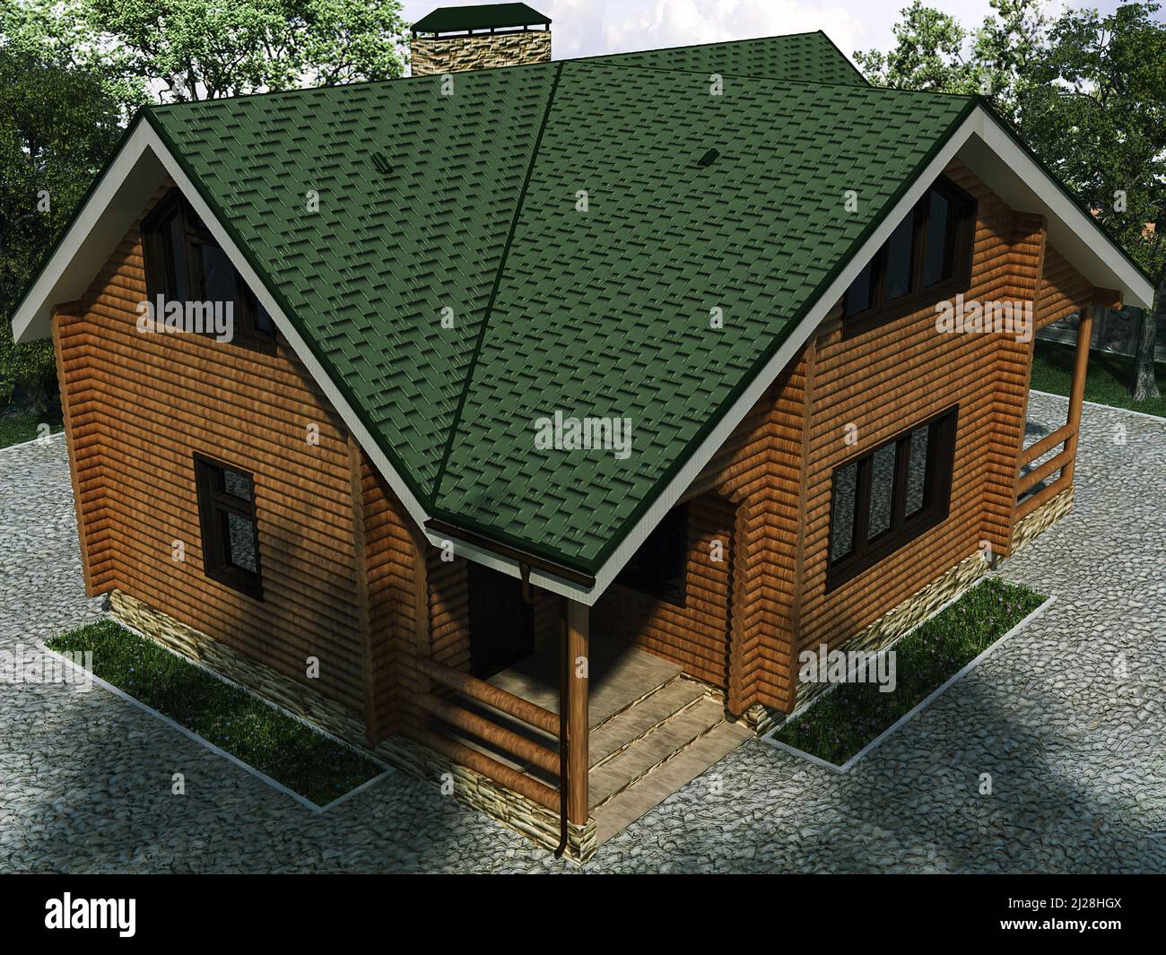 3d render of an architectural project of a wooden house from a log ...