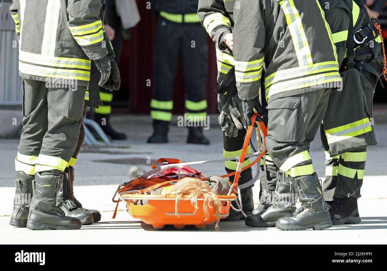 stretcher for the transport of the injured with the fire brigade during ...