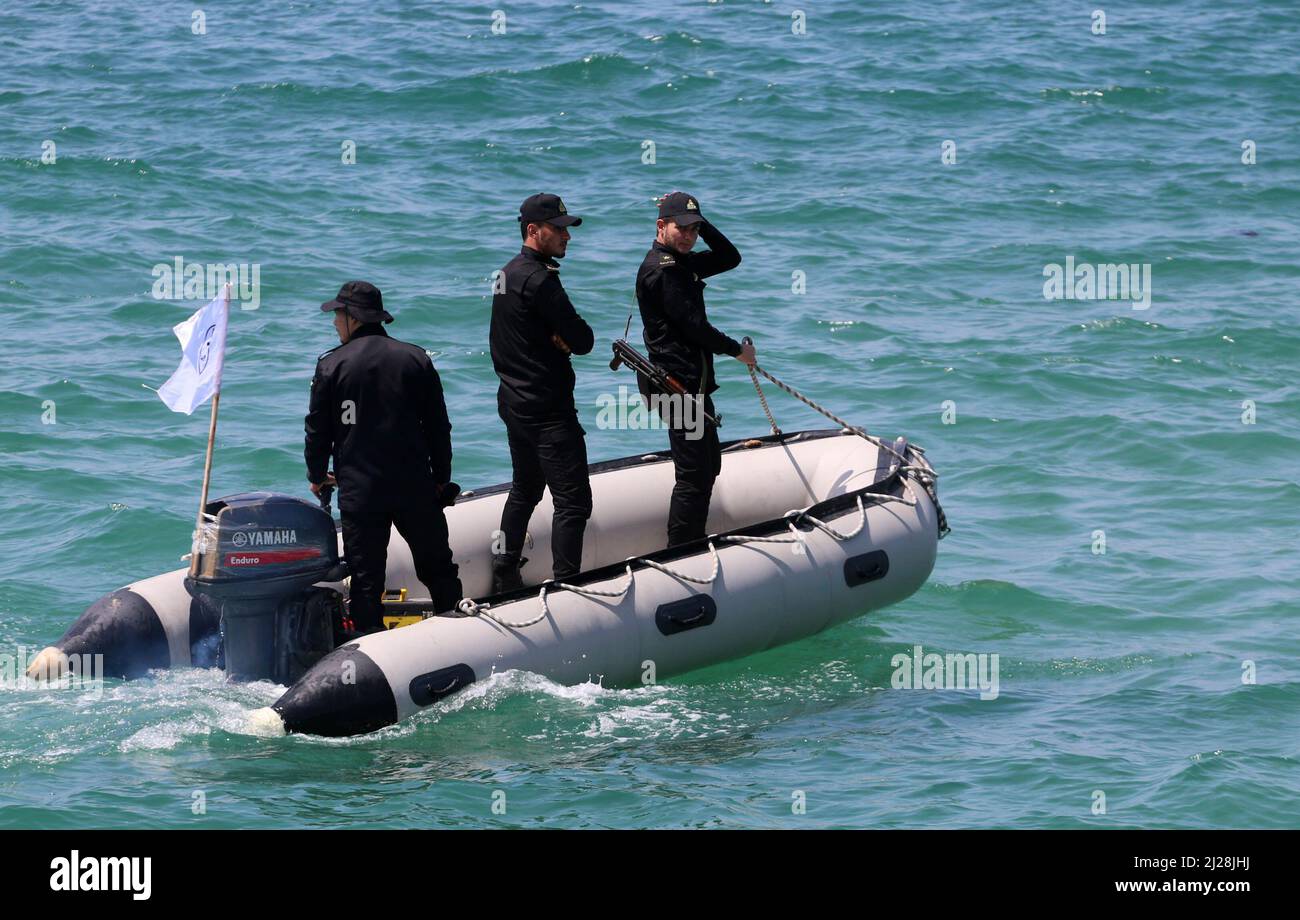 Palestinian marine policemen seen on guard during the event in the Gaza ...