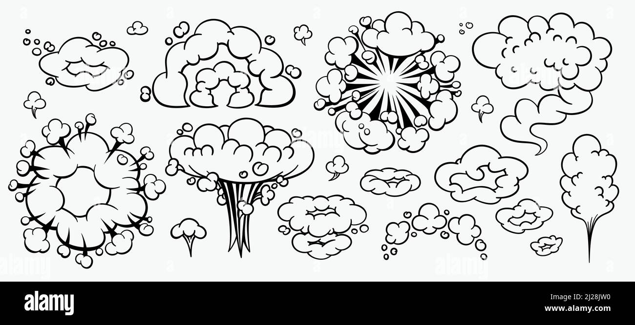 Comic clouds, cartoon vector clouds in line style isolated on light ...