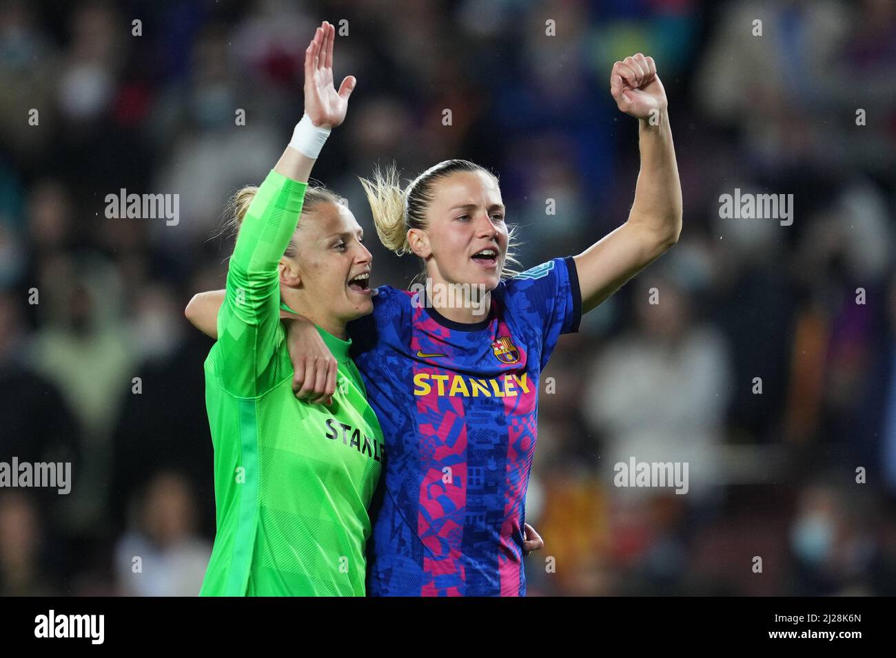 Sandra Panos and Ana-Maria Cmogorcevic of FC Barcelona celebrating the victory at full time ...