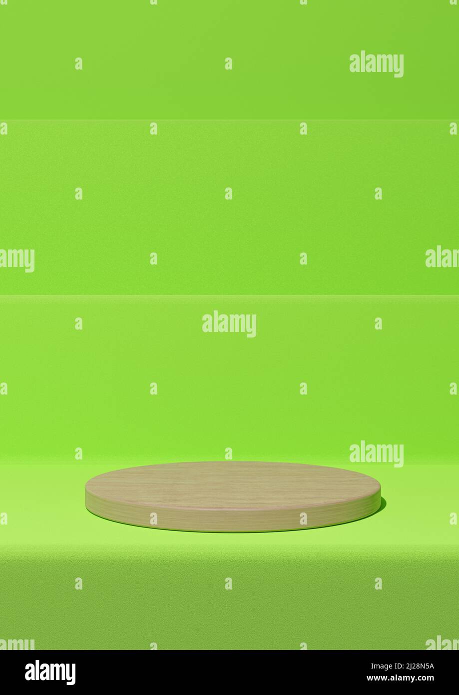 Bright, neon green 3D rendering simple product display, minimal background with podium wooden ...
