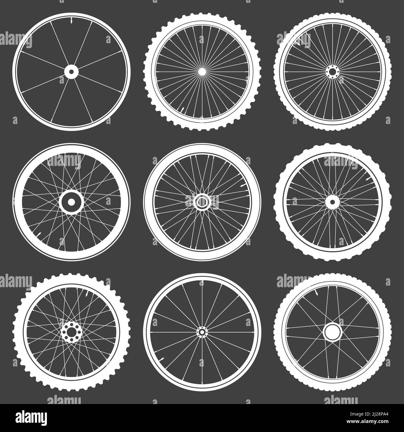 White bicycle wheel symbols collection. Bike rubber tyre silhouettes ...