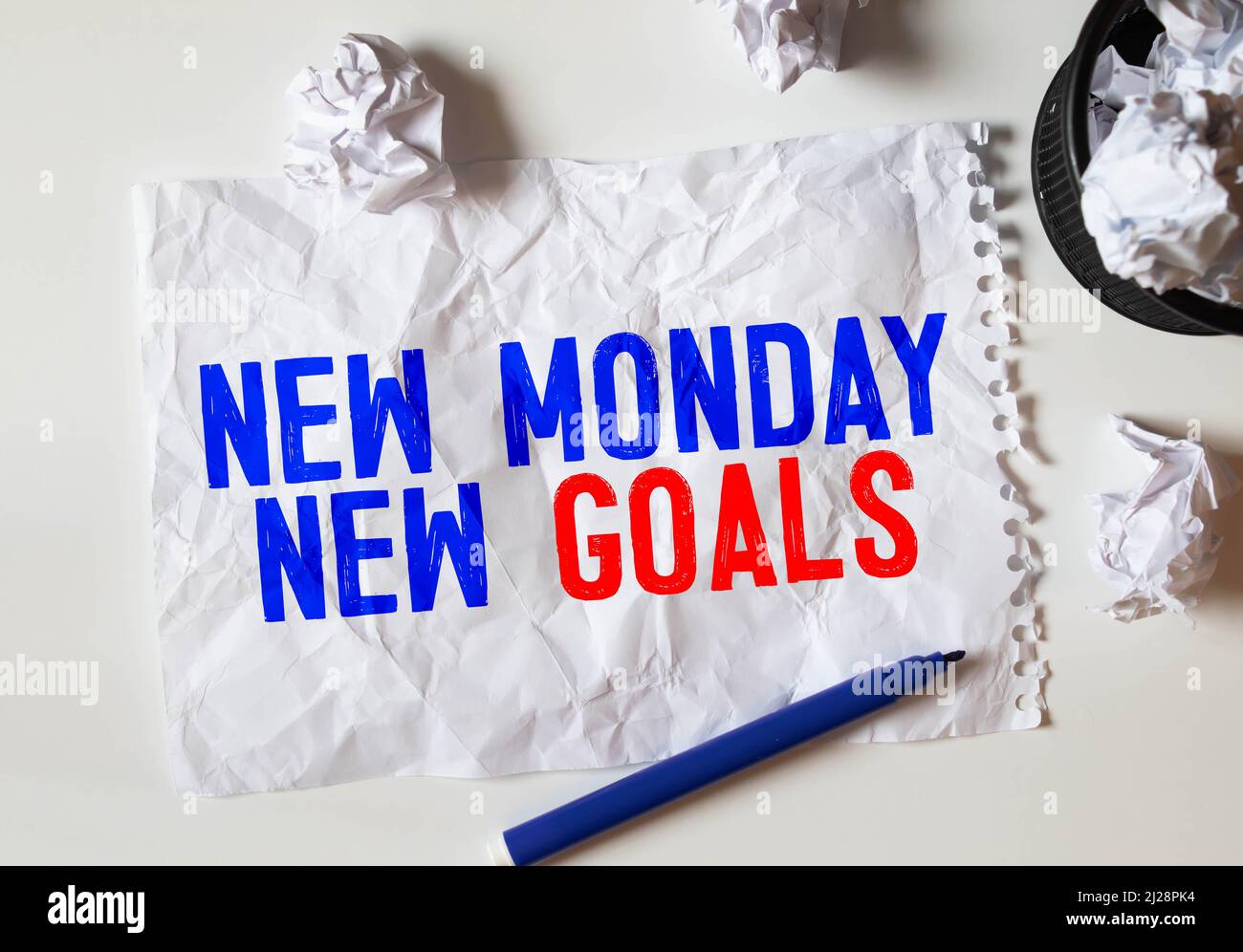 New monday, new goals text concept. Spiral notebook textbook, wooden ...