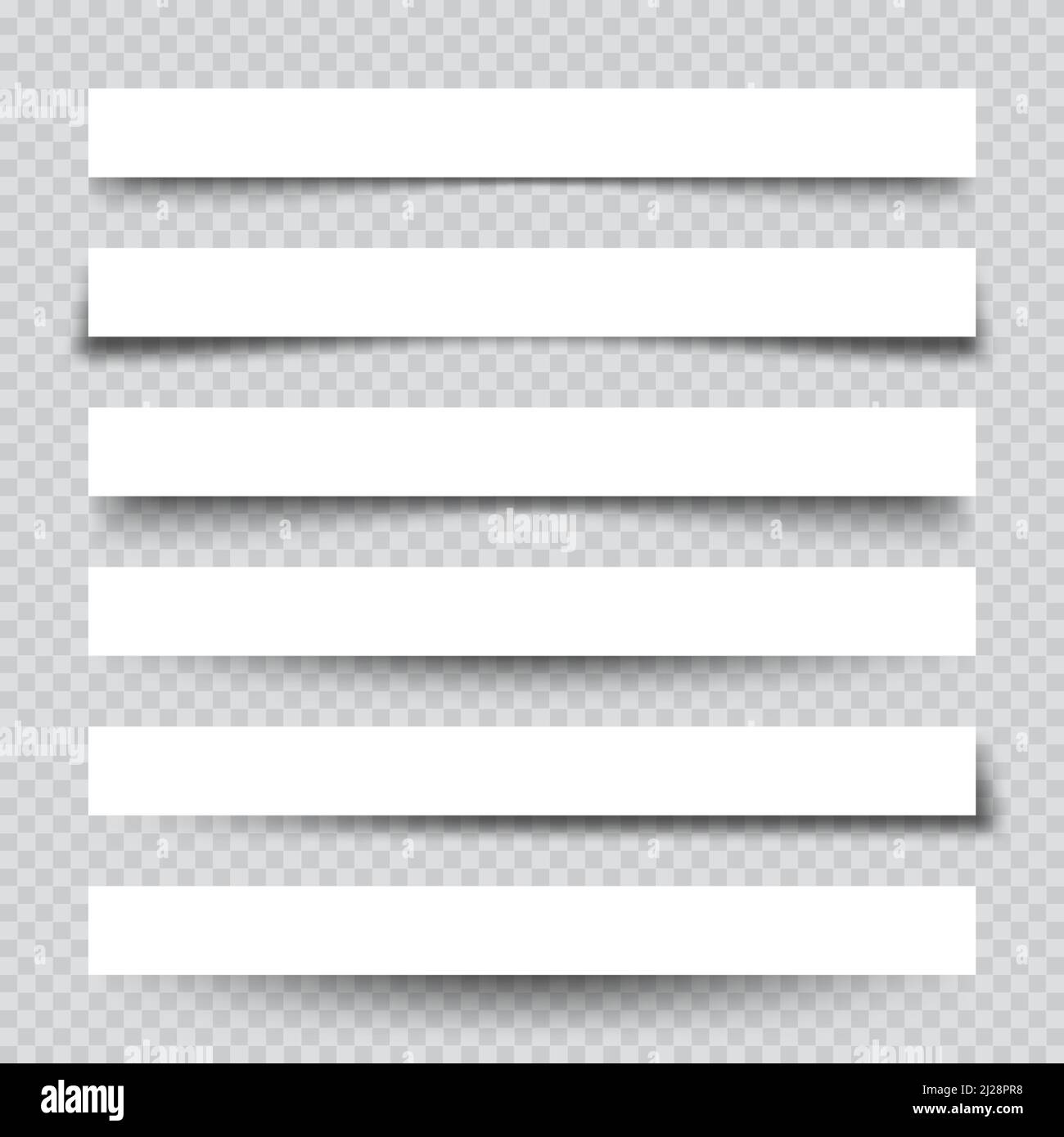 Set of white blank paper scraps with shadows. Page dividers on checkered background. Realistic ...