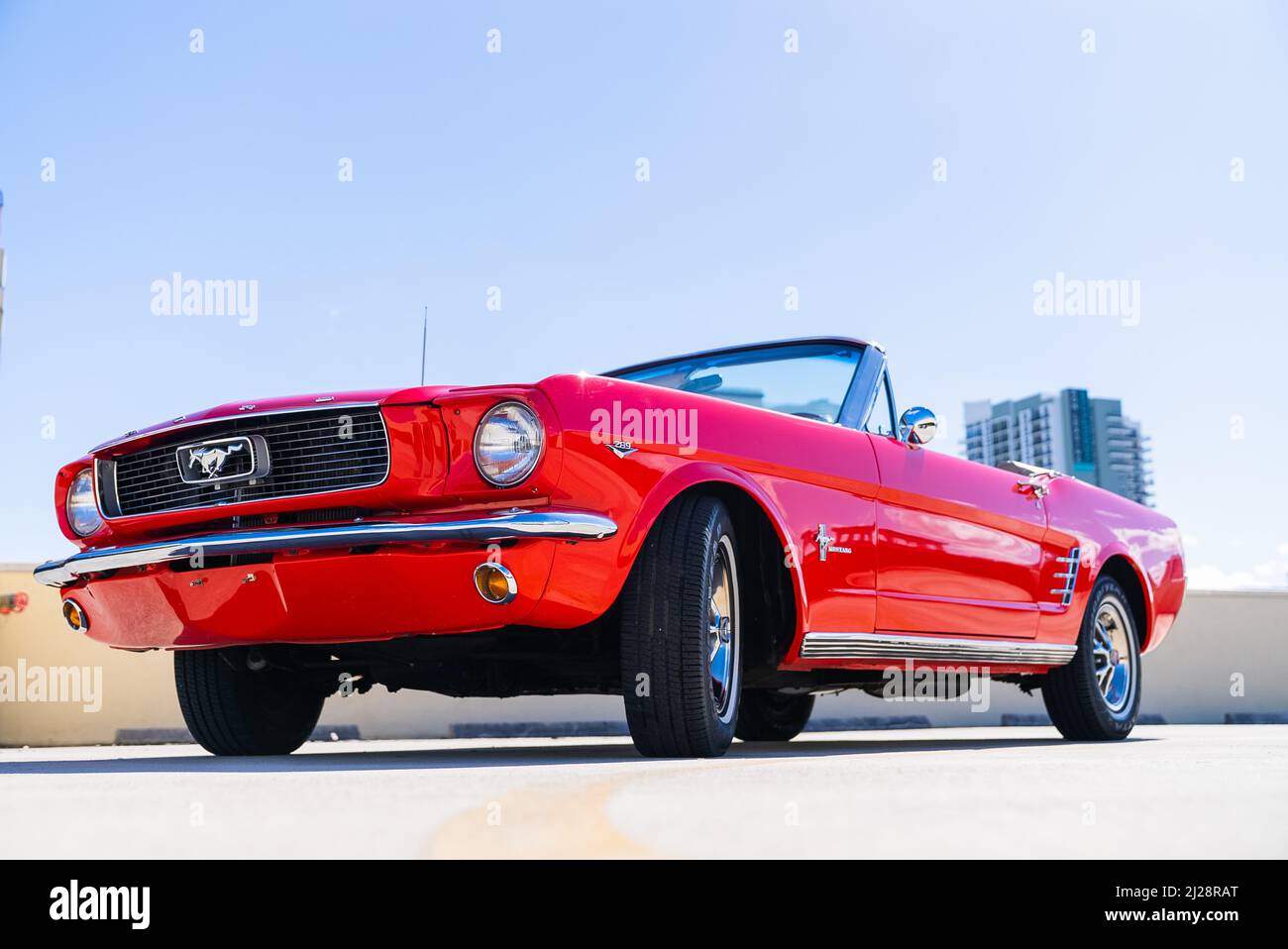 An old school red 1966 Ford Mustang with convertible roof, Broward, USA ...