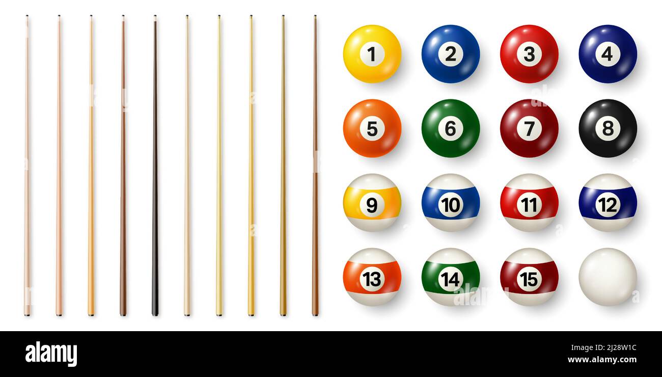 Colorful billiard balls with numbers and various pool cues. Glossy ...