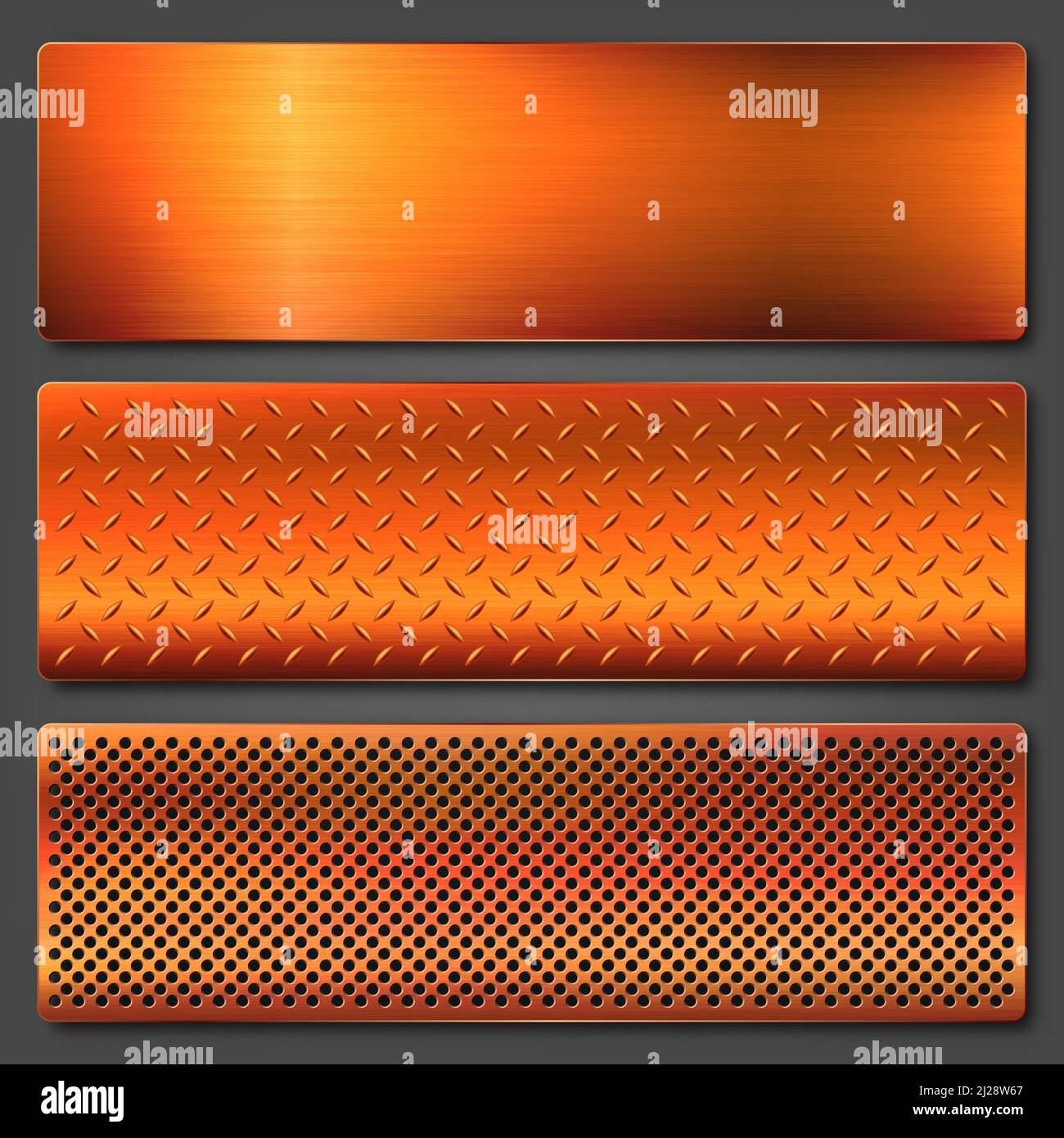 Realistic copper banners collection. Brushed stainless steel plate ...