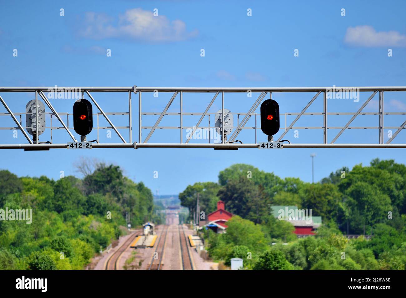 LaFox, Illinois, USA. Red signals above a segment of Union Pacific ...