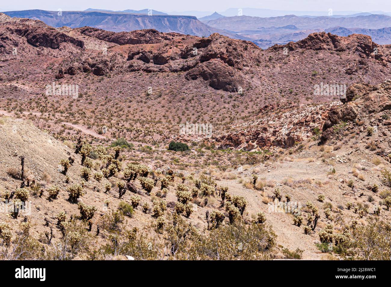 Nelson, Nevada, USA - May 21, 2011: Rough beige-brown terrain with ...