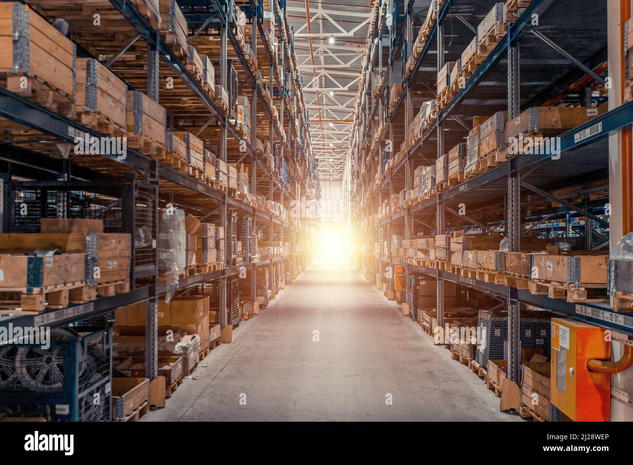 Modern warehouse interior with shelves and boxes Stock Photo - Alamy