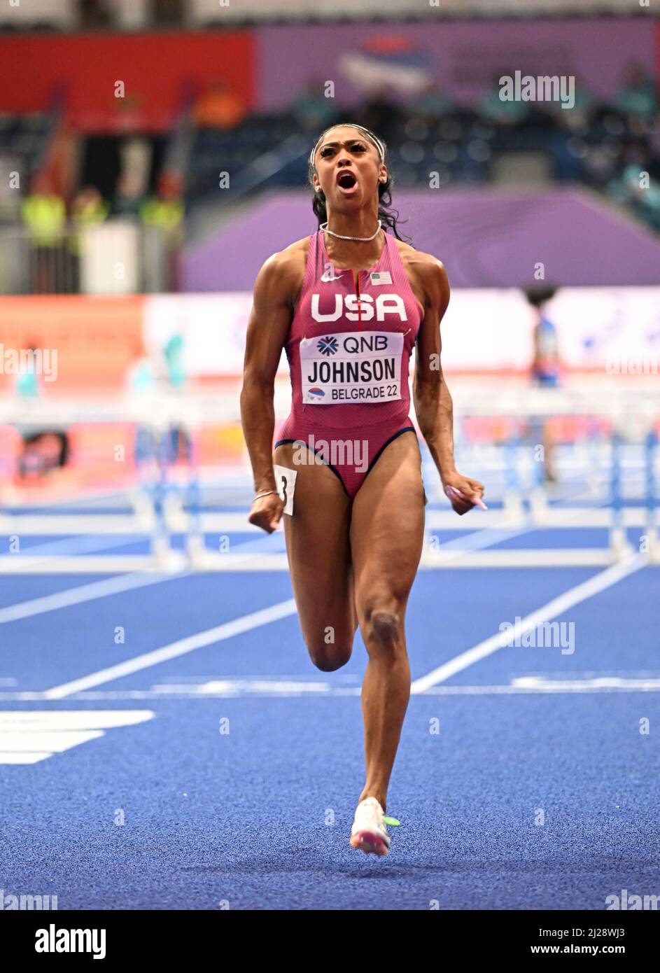Alaysha Johnson participating in the Belgrade 2022 World Indoor ...