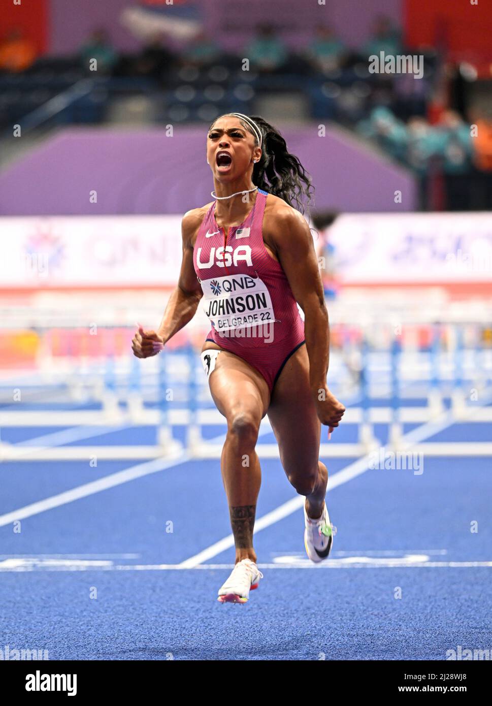 Alaysha Johnson participating in the Belgrade 2022 World Indoor ...