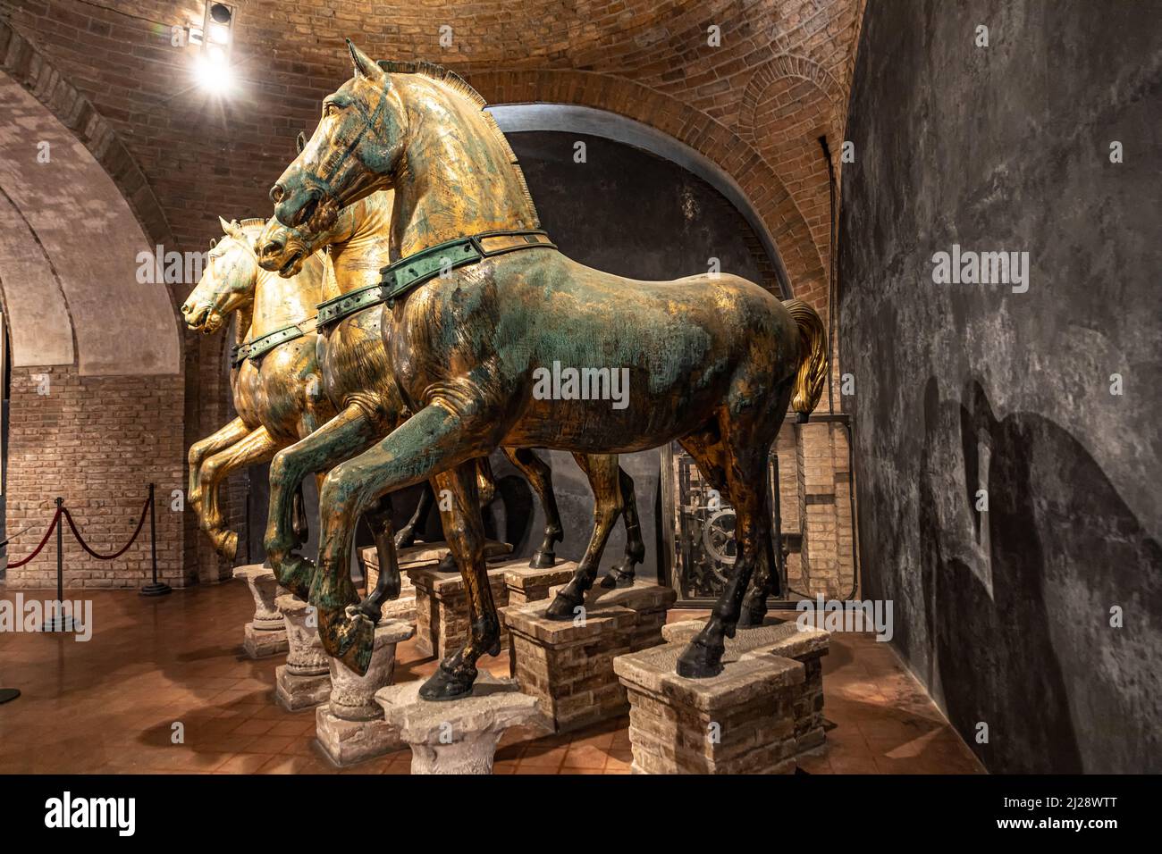 Venice, Italy - July 1, 2021: Ancient bronze horses inside the Basilica di San Marco in Venice ...