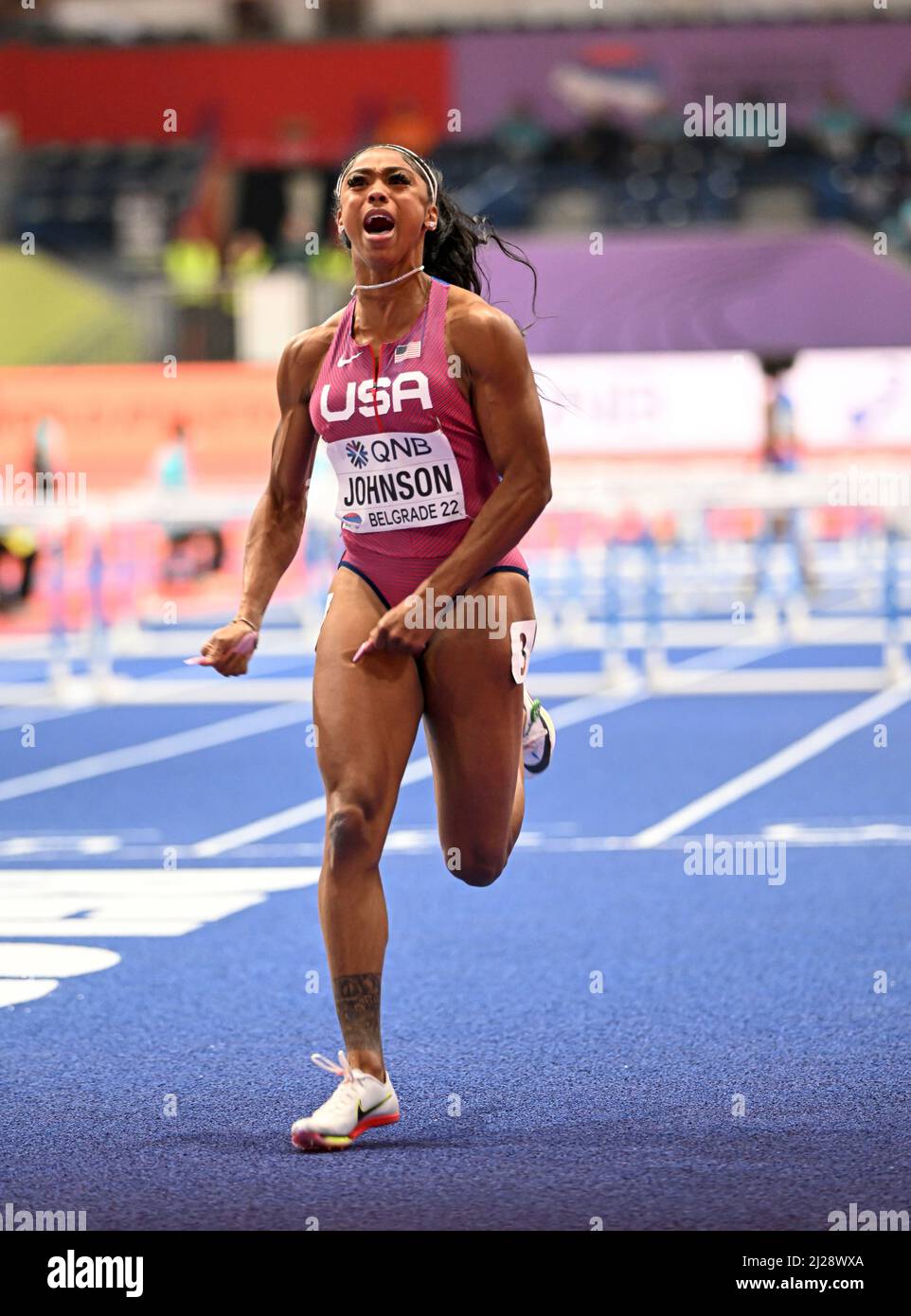 Alaysha Johnson participating in the Belgrade 2022 World Indoor ...