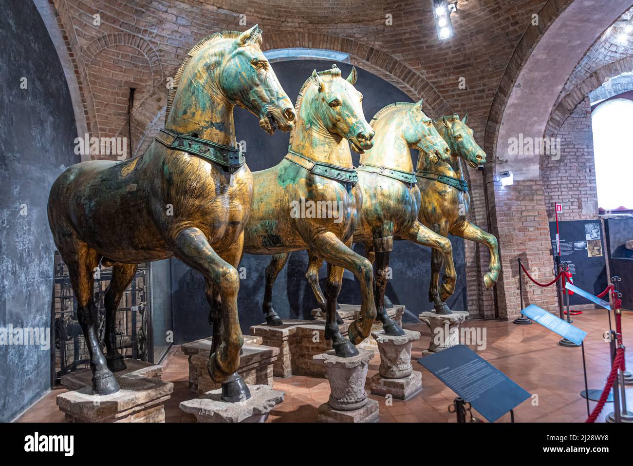 Venice, Italy - July 1, 2021: Ancient bronze horses inside the Basilica di San Marco in Venice ...